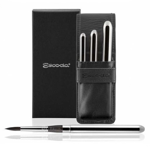 ESCODA ESTUCHE PETACA PIEL NEGRA SINTÉTICA CON PINCELES DE BOLSILLO PLATEADOS ÚLTIMO SERIE 1526