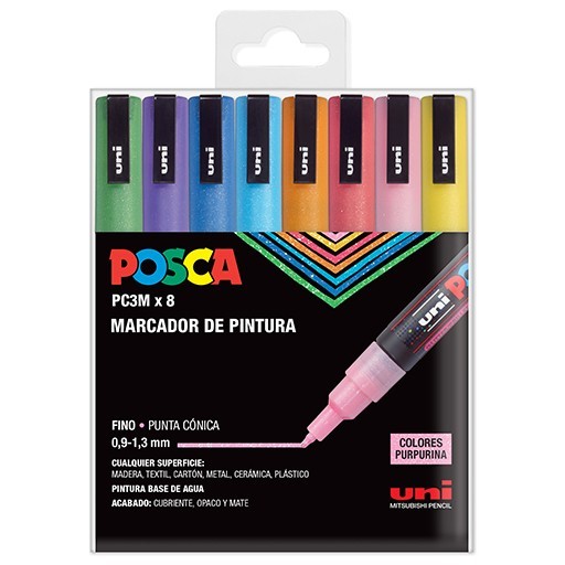 UNI POSCA PC-3M 8C SET OF 8 ACRYLIC MARKERS 0.9-1.3 MM GLITTER COLOURS