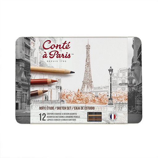 CONTE A PARIS SKETCHING SET OF 12 ASSORTED SKETCHING AND DRAWING PENCILS IN A METAL TIN