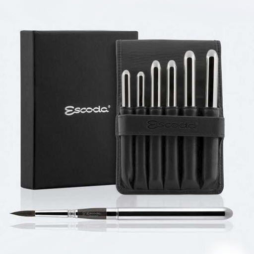 ESCODA ESTUCHE PETACA PIEL NEGRA SINTÉTICA CON PINCELES DE BOLSILLO PLATEADOS ÚLTIMO SERIE 1526